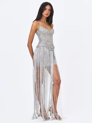 MISS CIRCLE NEW YORK Olisa Beaded Peplum Tassel Maxi Dress