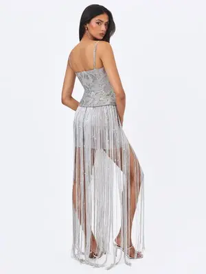 MISS CIRCLE NEW YORK Olisa Beaded Peplum Tassel Maxi Dress