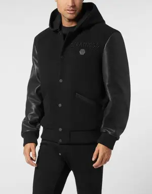 Philipp Plein Hooded Varsity Bomber With Leather Sleeves Greatness - Black/black