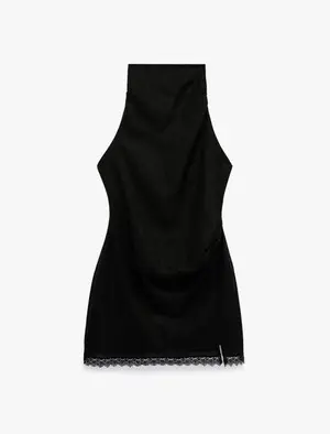 Koton Linen Blend Sleeveless Funnel Neck Satin Mini Dress With Lace Detail - Black
