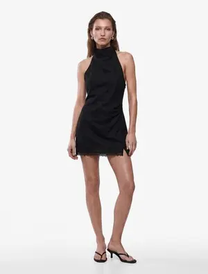 Koton Linen Blend Sleeveless Funnel Neck Satin Mini Dress With Lace Detail - Black