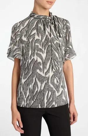 Santorelli Athena Tie Neck Blouse With Short Flutter-sleeves