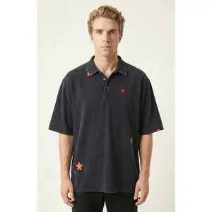MODENAIRE Relaxed Fit Floral Embroidered Polo Shirt With Washed Finish - Black