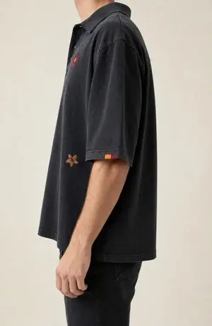 MODENAIRE Relaxed Fit Floral Embroidered Polo Shirt With Washed Finish