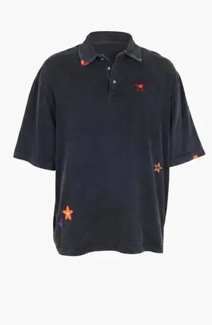 MODENAIRE Relaxed Fit Floral Embroidered Polo Shirt With Washed Finish