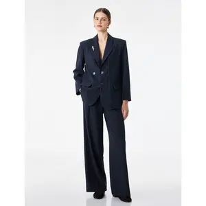 Koton Long Sleeve Double-breasted Pinstripe Blazer - Navy Stripe