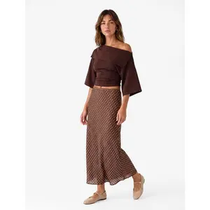 Koton Polka Dot Flared Midi Satin Skirt - Brown Design