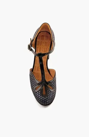 Chie Mihara Suede And Patent Print Buckle Platform Pump