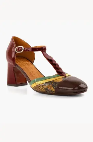 Chie Mihara Snake Print Patent Leather Buckle Pump