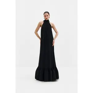 MALINA Lykke Halterneck Ruffled Maxi Dress Black