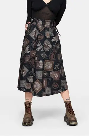 DISTURBIA Kleo Relics Print Midi Skirt - Black
