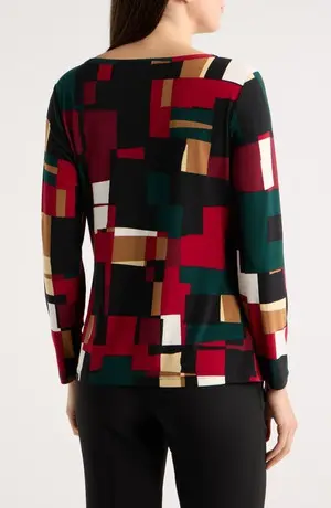 Anne Klein Geometric Print Ruched Long Sleeve Top