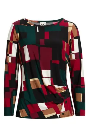 Anne Klein Geometric Print Ruched Long Sleeve Top