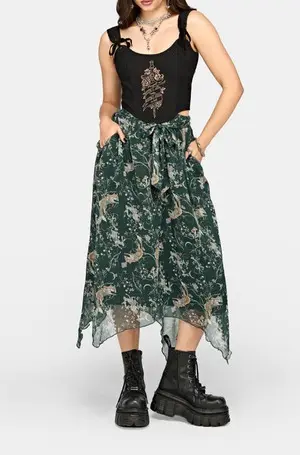 DISTURBIA Renard Print Chiffon Hanky Midi Skirt - Green
