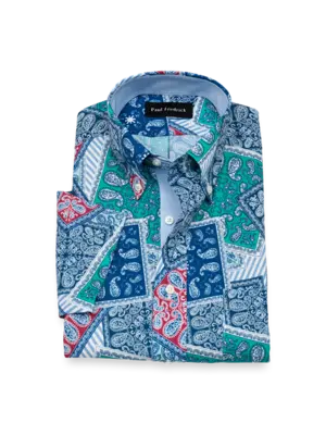 PAUL FREDRICK Cotton Buttondown Collar Poplin Slim Contrast Trim Hemmed Sleeve Short Sleeve Shirt - Blue Multi