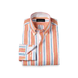 PAUL FREDRICK Linen Buttondown Collar Poplin Slim Contrast Trim Button Cuff Long Sleeve Shirt - White Multi