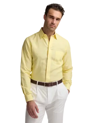 PAUL FREDRICK Linen Point Collar Poplin Slim Contrast Trim Button Cuff Long Sleeve Shirt - Light Yellow