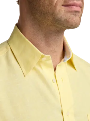 PAUL FREDRICK Linen Point Collar Poplin Slim Contrast Trim Button Cuff Long Sleeve Shirt - Light Yellow
