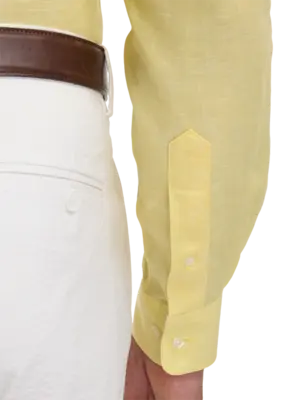 PAUL FREDRICK Linen Point Collar Poplin Slim Contrast Trim Button Cuff Long Sleeve Shirt - Light Yellow