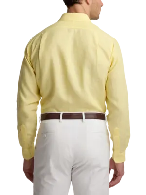 PAUL FREDRICK Linen Point Collar Poplin Slim Contrast Trim Button Cuff Long Sleeve Shirt - Light Yellow