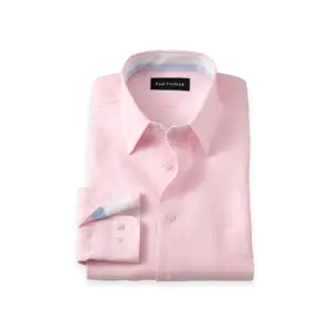 PAUL FREDRICK Linen Point Collar Poplin Slim Contrast Trim Button Cuff Long Sleeve Shirt Pink