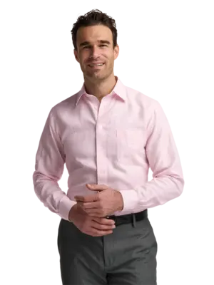PAUL FREDRICK Linen Point Collar Poplin Slim Contrast Trim Button Cuff Long Sleeve Shirt