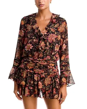 Aqua Floral Print Ruffled Long Sleeve Top - Exclusive Black Multi