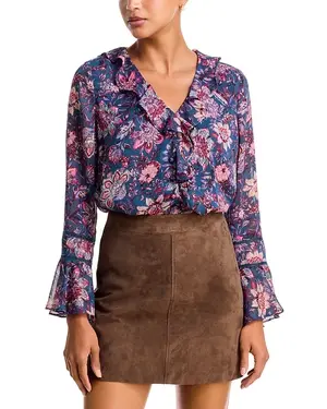 Aqua Floral Print Ruffled Long Sleeve Top Exclusive - Blue Multi