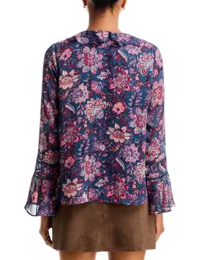 Aqua Floral Print Ruffled Long Sleeve Top Exclusive - Blue Multi