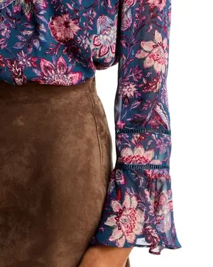 Aqua Floral Print Ruffled Long Sleeve Top Exclusive - Blue Multi