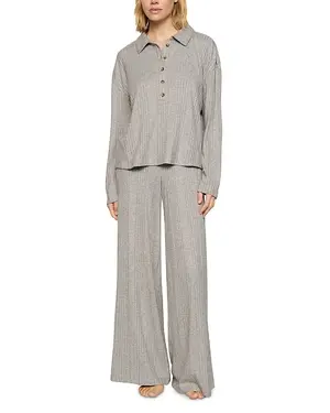 Eberjey Variegated Rib Long Sleeve Polo Top - Dark Heather