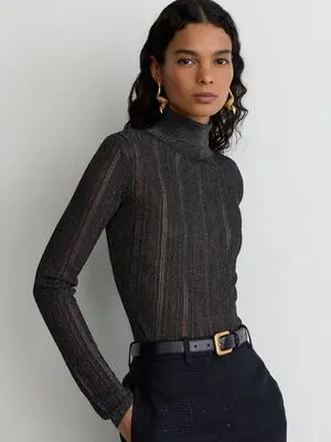 REISS Sutton Metallic Open-knit Roll-neck Top