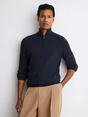 REISS Howard Cashmere Cable-knit Half-zip Jumper - Navy