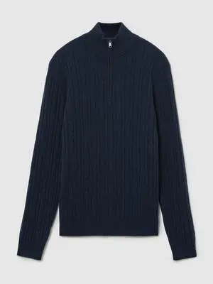 REISS Howard Cashmere Cable-knit Half-zip Jumper - Navy