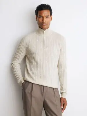 REISS Howard Cashmere Cable-knit Half-zip Jumper - Parchment Grey