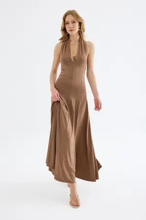 MONLICIA Isolde Halter Deep V Maxi Dress
