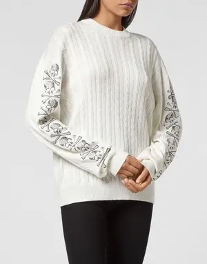 Philipp Plein Cash Five Pullover Round Neck Ls Cable Crystal Skull - Cream