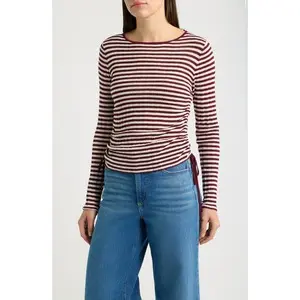 24COLOURS Stripe Drawstring Ruched Rib Top - Bordeaux