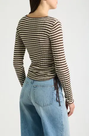 24COLOURS Stripe Drawstring Ruched Rib Top