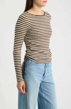 24COLOURS Stripe Drawstring Ruched Rib Top