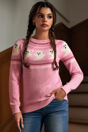 MODCLOTH You've Been Ghosted Fair Isle Halloween Sweater - Pink