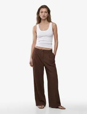Koton Linen Blend Wide Leg Pants With Pleat - Brown