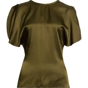 Victoria Beckham Bela Flutter Sleeve Satin Top - Marsh Green