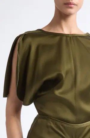 Victoria Beckham Bela Flutter Sleeve Satin Top - Marsh Green