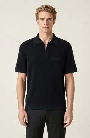 MODENAIRE Textured Knit Short Sleeve Quarter Zip Polo Shirt - Black