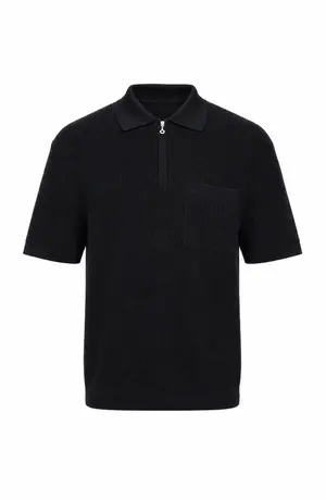 MODENAIRE Textured Knit Short Sleeve Quarter Zip Polo Shirt