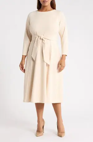 Anne Klein Tie Waist Scuba Midi Dress - Macadamia