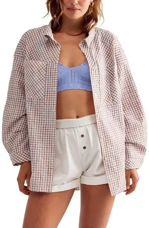 Free People Cross My Heart Plaid Seersucker Sleep Shirt - Ivory Combo