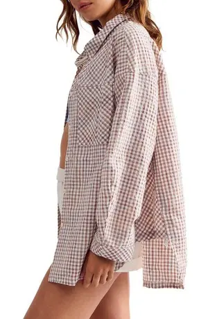 Free People Cross My Heart Plaid Seersucker Sleep Shirt - Ivory Combo