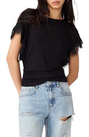 Steve Madden Paloma Lace Sleeve Knit Top - Black